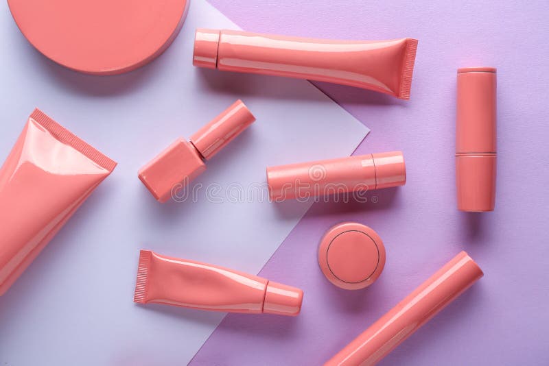 Set of Pink Decorative Cosmetics on Color Background Stock Photo ...