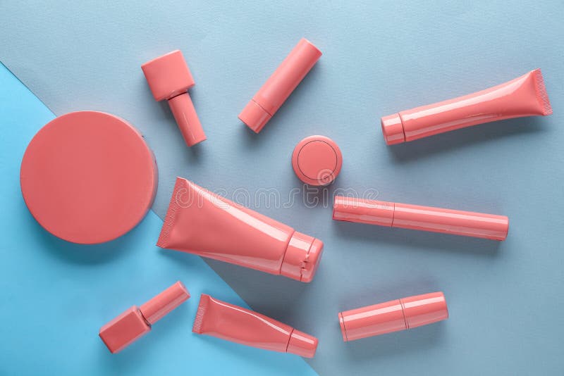 Set of Pink Decorative Cosmetics on Color Background Stock Image ...