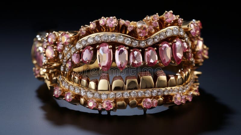 Pink Diamond and Gold Teeth Stock Illustration - Illustration of grillz ...
