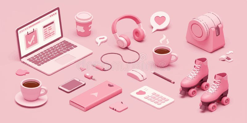 Set of Pink Isometric 3D Objects High-Quality Vector Illustration Stock ...