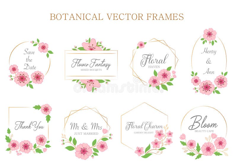 Set of Pink Sakura, Botanical Frames with Text for Wedding. Vector ...