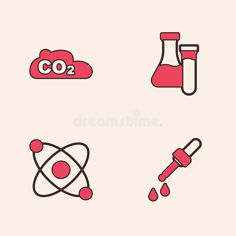 Set Pipette, CO2 Emissions in Cloud, Test Tube and Atom Icon. Vector ...