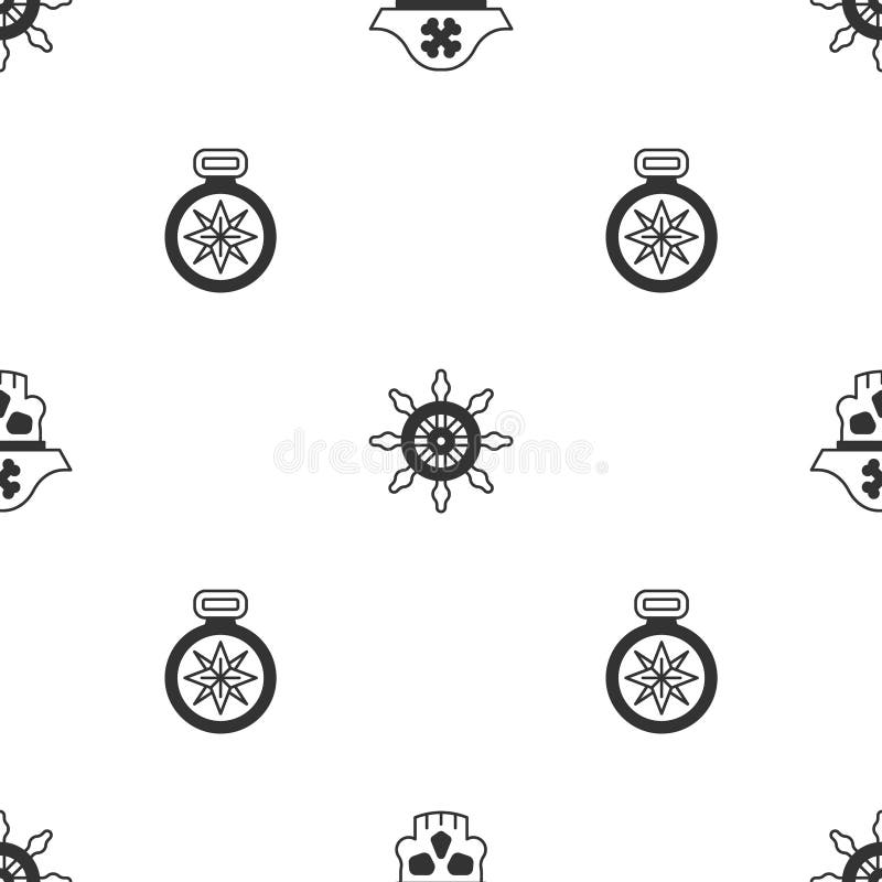 Set Pirate Captain, Ship Steering Wheel and Compass on Seamless Pattern ...