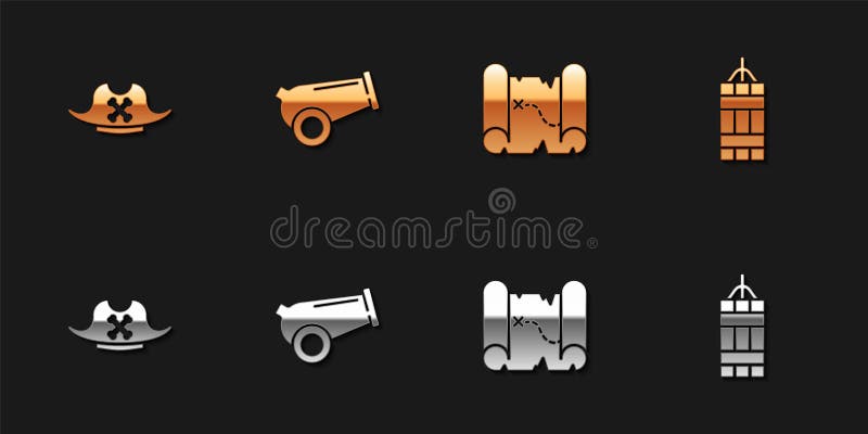Set Pirate Hat, Cannon, Treasure Map and Dynamite Bomb Icon. Vector ...