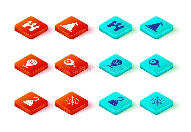 Set Pirate Hook, Spider Web, Pumpkin, Eye, Witch Hat and Castle Icon ...