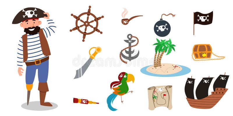A Set of Pirate Items. a Pirate Character in a Suit, a Hat, without a ...