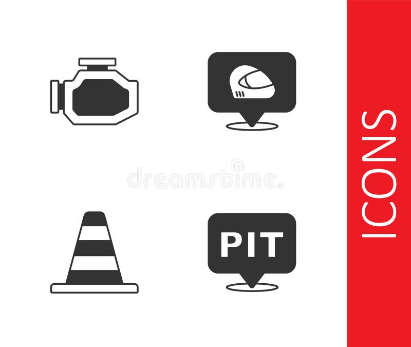 Set Pit Stop, Check Engine, Traffic Cone and Racing Helmet Icon. Vector ... Set Pit Stop, Check Engine, Traffic Cone and Racing Helmet Icon. Vector ...