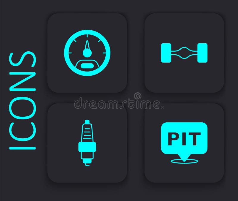 Set Pit Stop, Speedometer, Chassis Car and Car Spark Plug Icon. Black ... Set Pit Stop, Speedometer, Chassis Car and Car Spark Plug Icon. Black ...