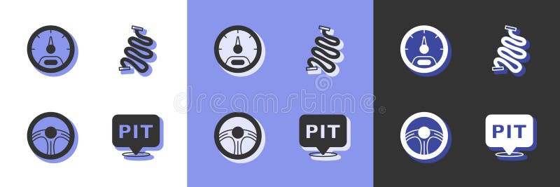 Set Pit Stop, Speedometer, Racing Steering Wheel and Track Icon. Vector ...