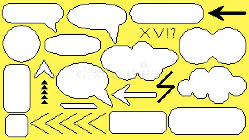 Set of Pixel Art Elements Including Text Bubbles, Frames, Arrows ...