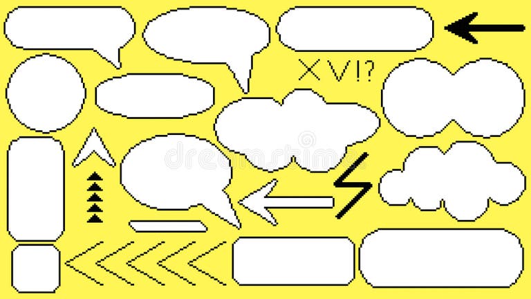 Set of Pixel Art Elements Including Text Bubbles, Frames, Arrows ...