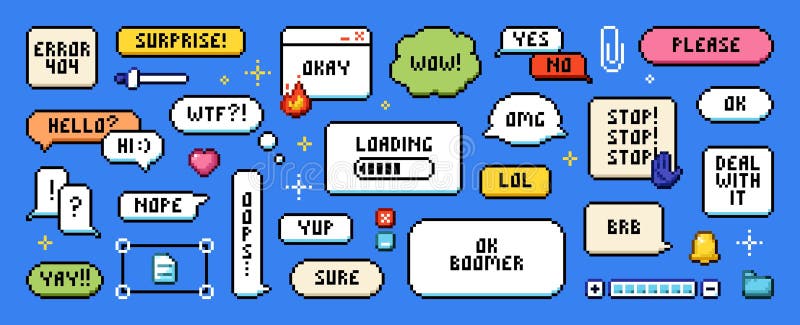 Set of Pixel Art Speech Bubbles. 8 Bit Boxes with Messages. Chat Frames with Text, Words in ...