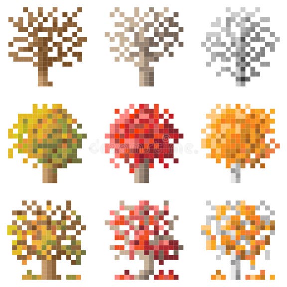 Set of Pixel Autumn Treebirch, Oak, Apple-tree. Stock Vector ...