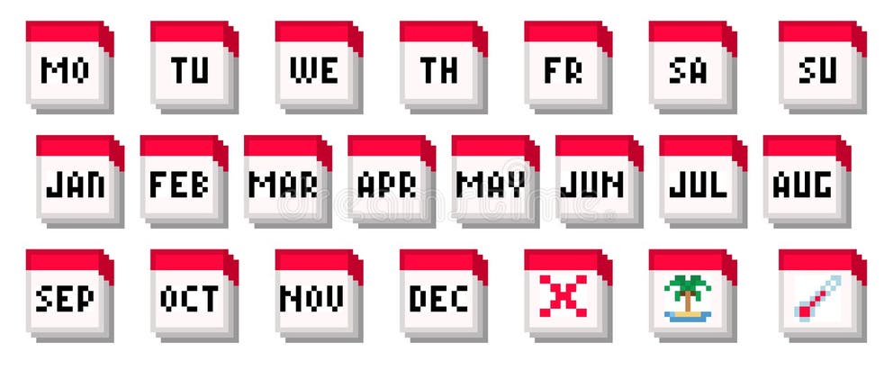 Set of Pixel 8 Bit Calendars with Days, Months and Special Days ...