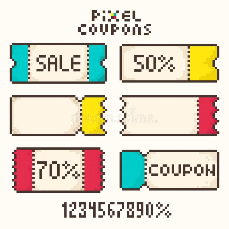 Set of Pixel Coupons.Sale Ticket Template, Discount,bright 8-bit Coupon ...