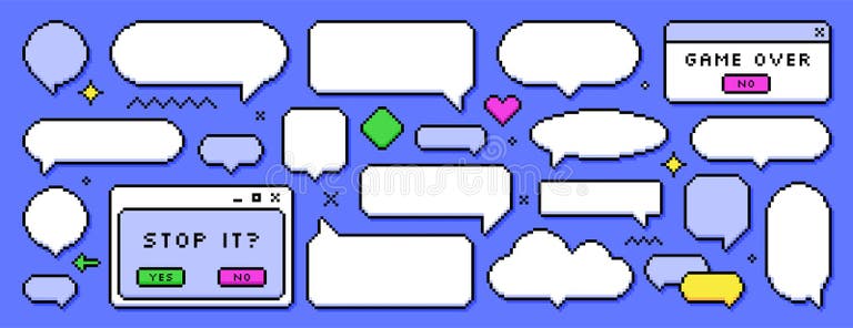 Pixel Dialogue Boxes, Speech Bubbles, Flash Message Frames and Retro Game Pixelated Icons Stock ...
