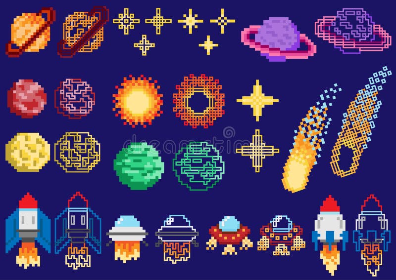 A set of pixel planets stock vector. Illustration of meteorite - 89327363
