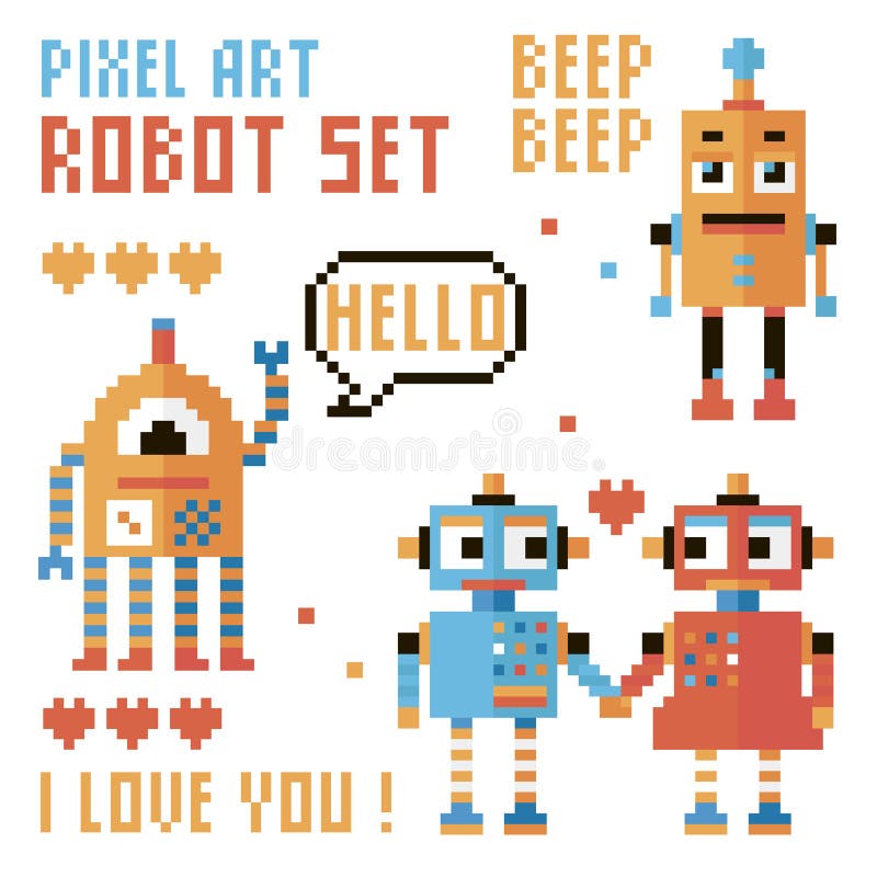 Set of Pixel Robots, Words, Hearts. Stock Vector - Illustration of ...
