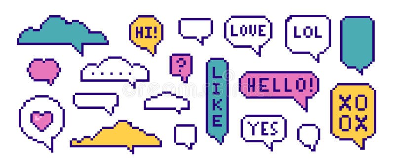 Set of Pixel Speech Bubbles, Text Frames of Different Shapes, Dialog Boxes. Pixel Art, Retro ...