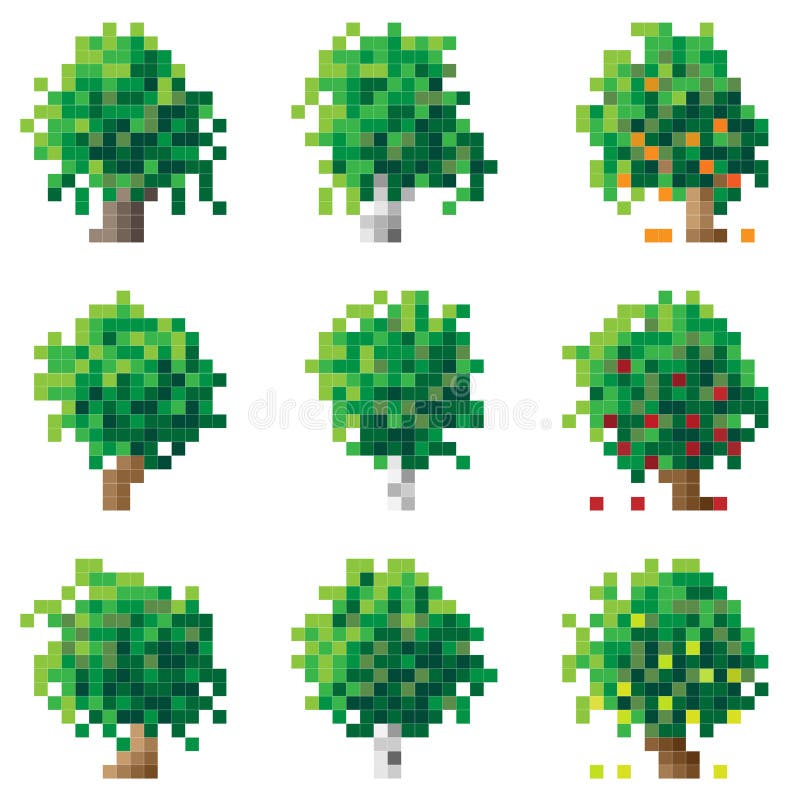 Set of Pixel Treebirch, Oak, Apple-tree. Stock Vector - Illustration of ...