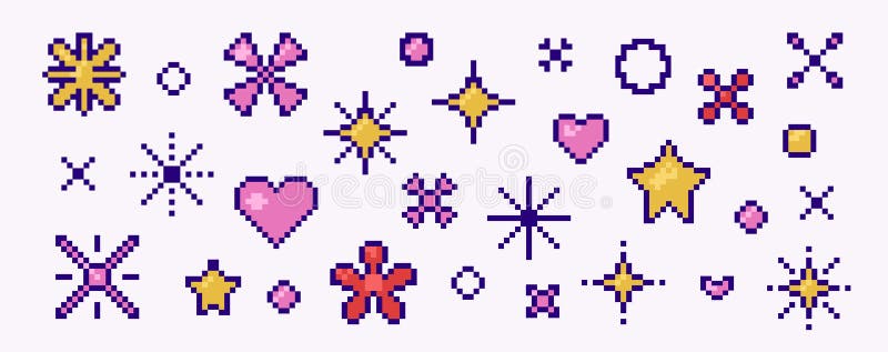 Set of Pixelated Design Elements: Stars, Hearts, Flowers, Circles ...