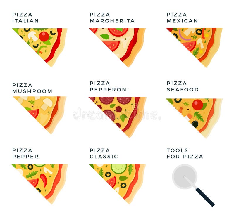 Set of Pizzas with Different Ingredients. Tools for Pizza. Vector Flat ...