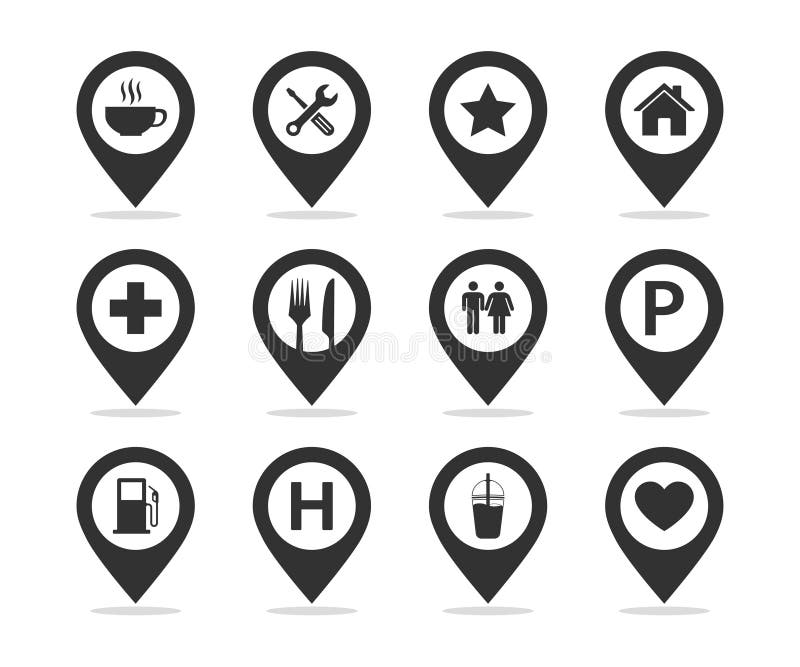 Set of Place Pin Icon. Map Pointer and Cafe and Restaurant Travel ...
