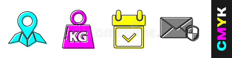 Set Placeholder on Map Paper, Weight, Calendar with Check Mark and ...