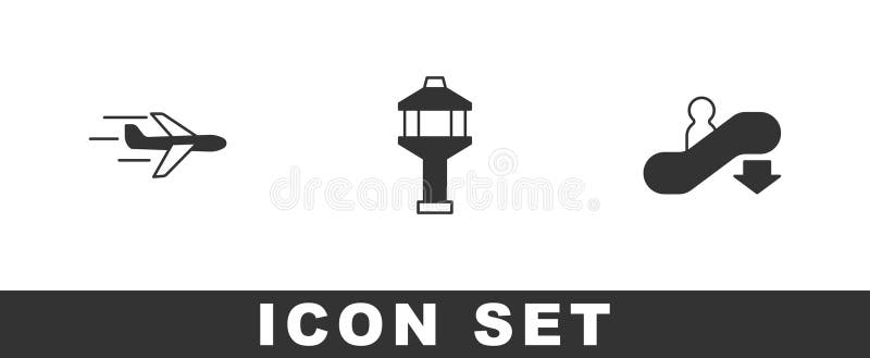 Set Plane, Airport Control Tower and Escalator Down Icon. Vector Stock ...