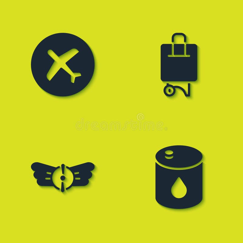 Set Plane, Barrel Oil, Aviation Emblem and Suitcase Icon. Vector Stock ...