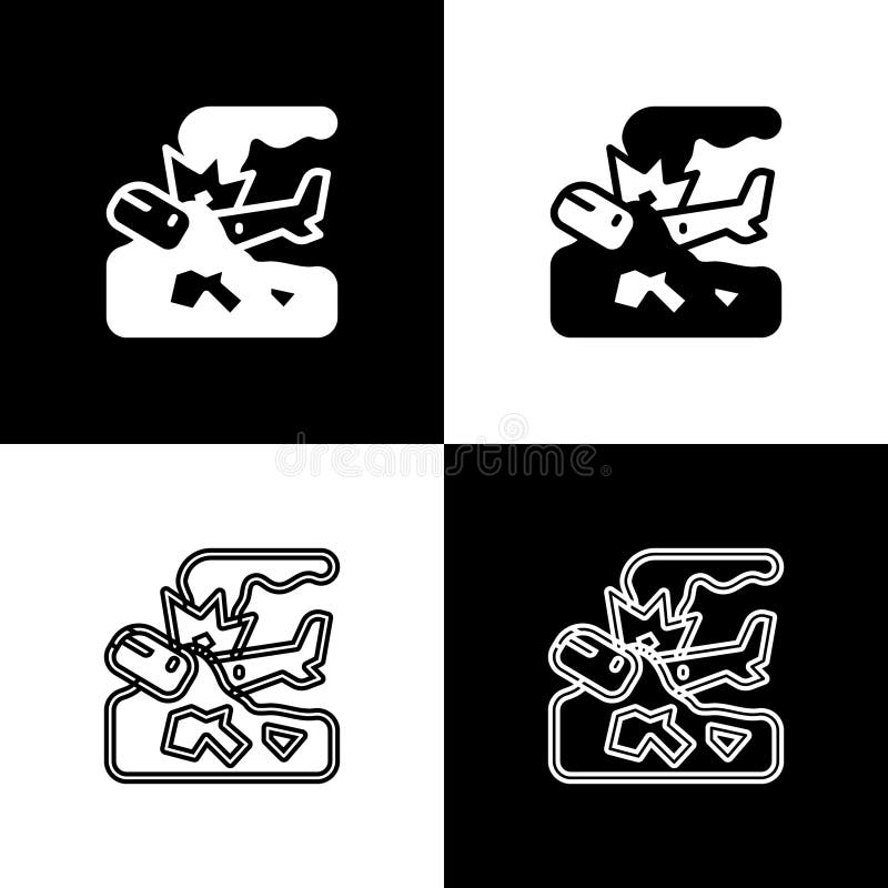 Set Plane Crash Icon Isolated on Black and White Background. Vector ...