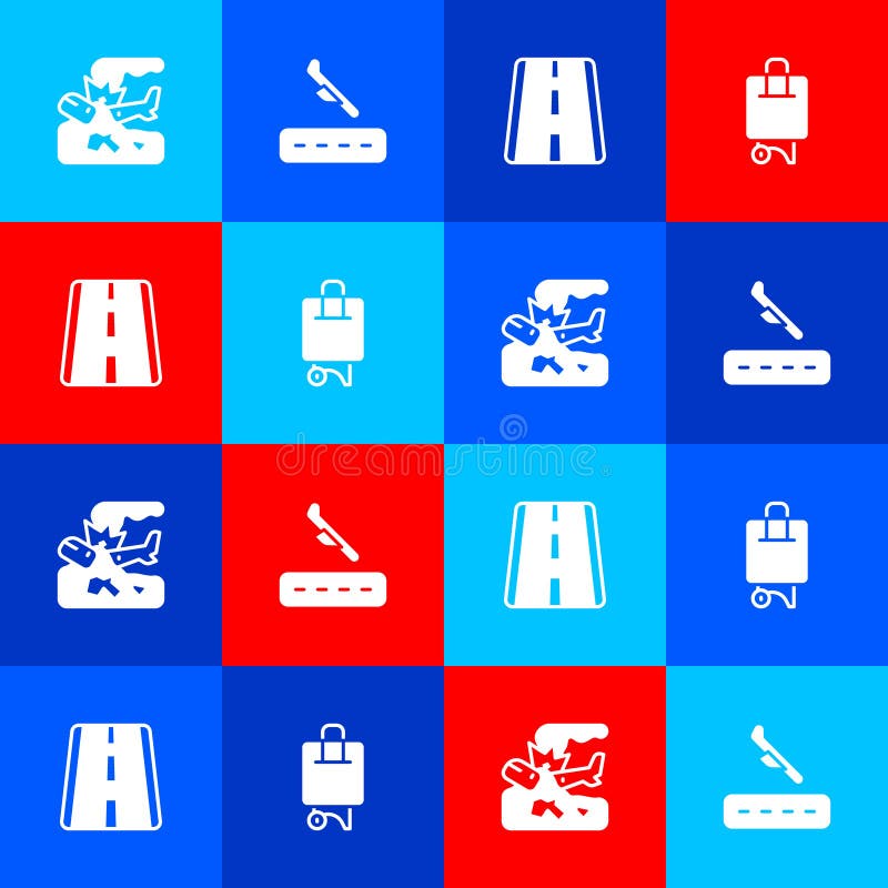 Set Plane Crash, Landing, Airport Runway and Suitcase Icon. Vector ...