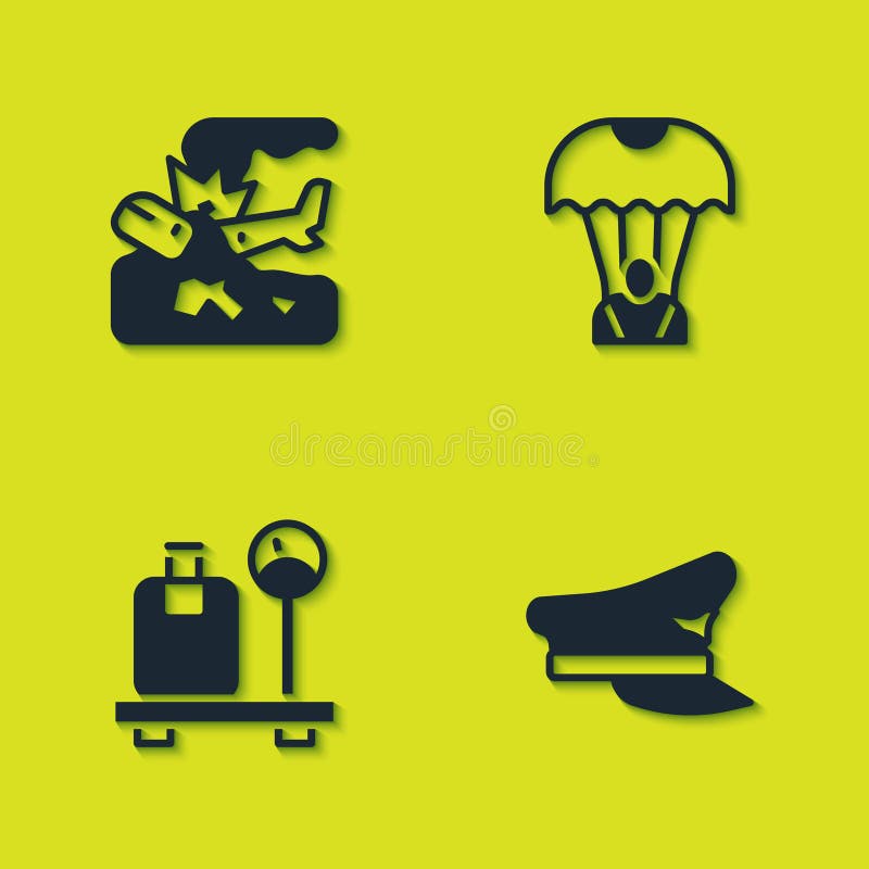 Set Plane Crash, Pilot Hat, Scale with Suitcase and Parachute Icon ...