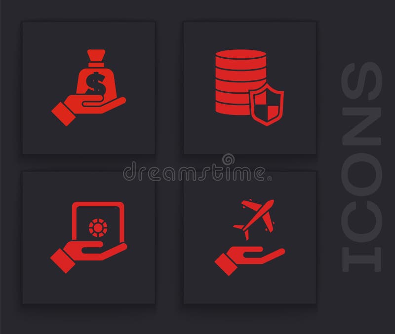Set Plane in Hand, Money, with Shield and Safe Icon. Vector Stock ...