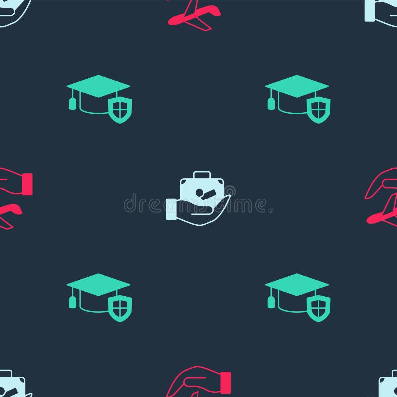 Set Plane in Hand, Travel Suitcase and Graduation Cap with Shield on ...