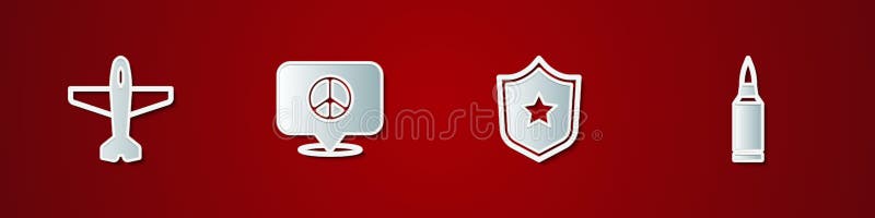 Set Plane, Location Peace, Police Badge and Bullet Icon. Vector Stock ...