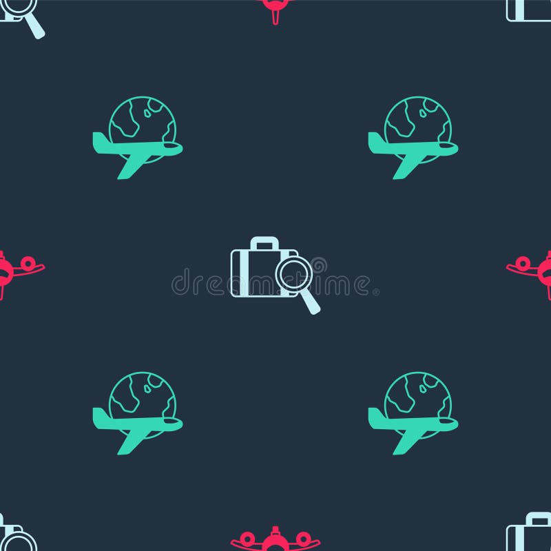 Set Plane, Lost Baggage and Globe with Flying Plane on Seamless Pattern ... Set Plane, Lost Baggage and Globe with Flying Plane on Seamless Pattern ...