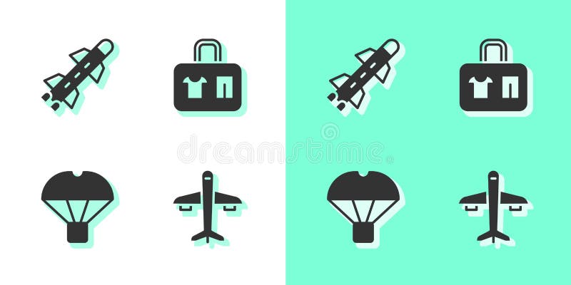 Set Plane, Rocket, Box Flying on Parachute and Suitcase Icon. Vector ...