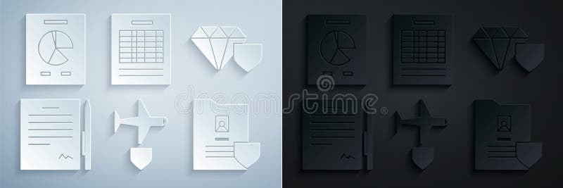 Set Plane with Shield, Diamond, Contract Pen, Document, Report File ... Set Plane with Shield, Diamond, Contract Pen, Document, Report File ...