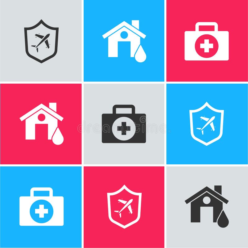 Set Plane with Shield, House Flood and First Aid Kit Icon. Vector Stock ...