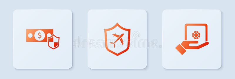 Set Plane with Shield, Money and Safe in Hand. White Square Button ...