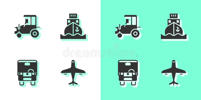Set Plane, Tractor, Bus and Cargo Ship Icon. Vector Stock Vector ...