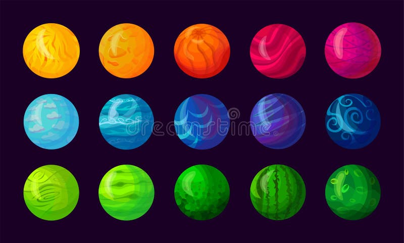 Set of Planet Different Patterns on Purple Background. Vector ...