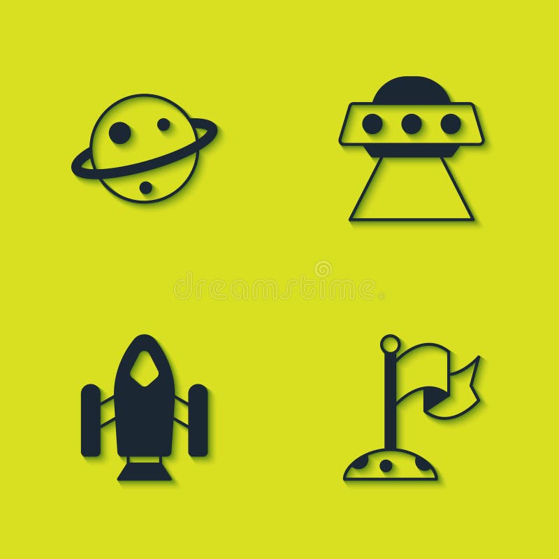 Set Planet Saturn, Moon with Flag, Rocket Ship and UFO Flying Spaceship ...