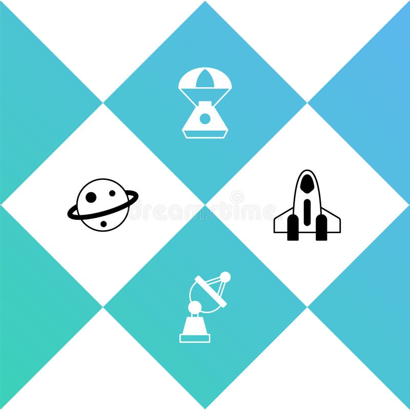 Set Planet Saturn, Satellite Dish, Space Capsule and Rocket Ship Icon ...