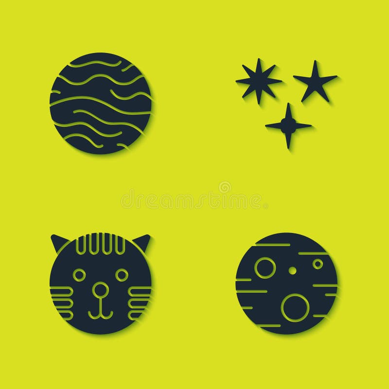 Set Planet Venus, Mars, Tiger Zodiac and Falling Star Icon. Vector ...