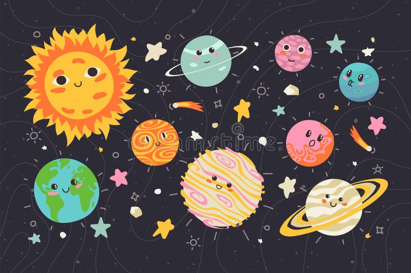 Set of Planets, Stars, Asteroids, and Comets in Outer Space Stock ...