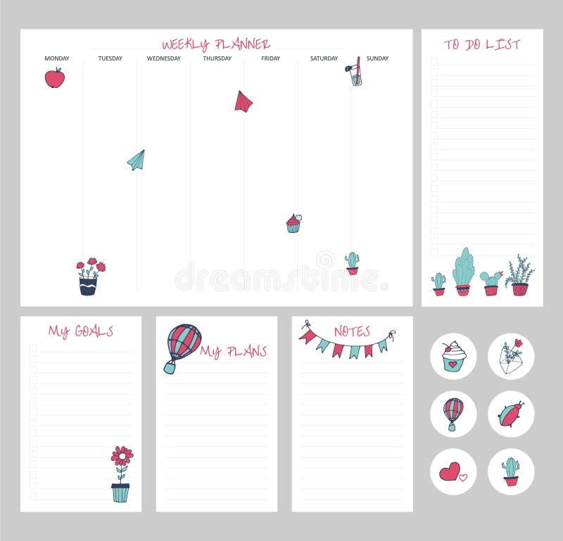 Set of Planners with Cute Design. Weekly Planner, To Do List, My Goals ...