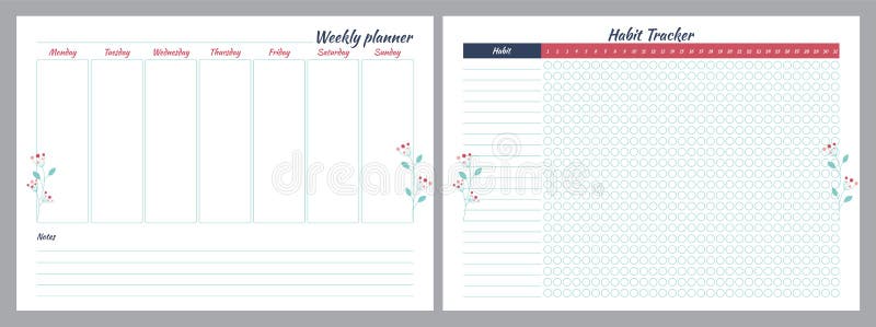 Set of Planners with Floral Design. Weekly and Habit Tracker Stock ...