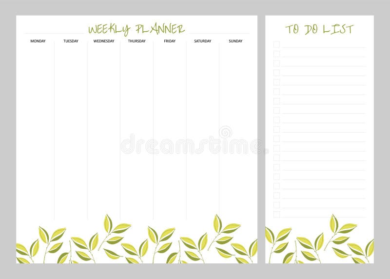 Set of Planners with Green Leaves Design. Weekly Planner and To Do List ...
